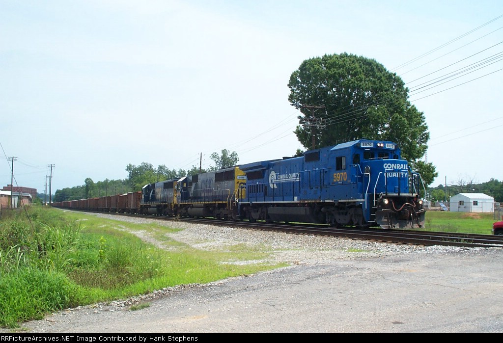 CSX 5970 with full out shot of W0048 ballast train at West Point in early 2008